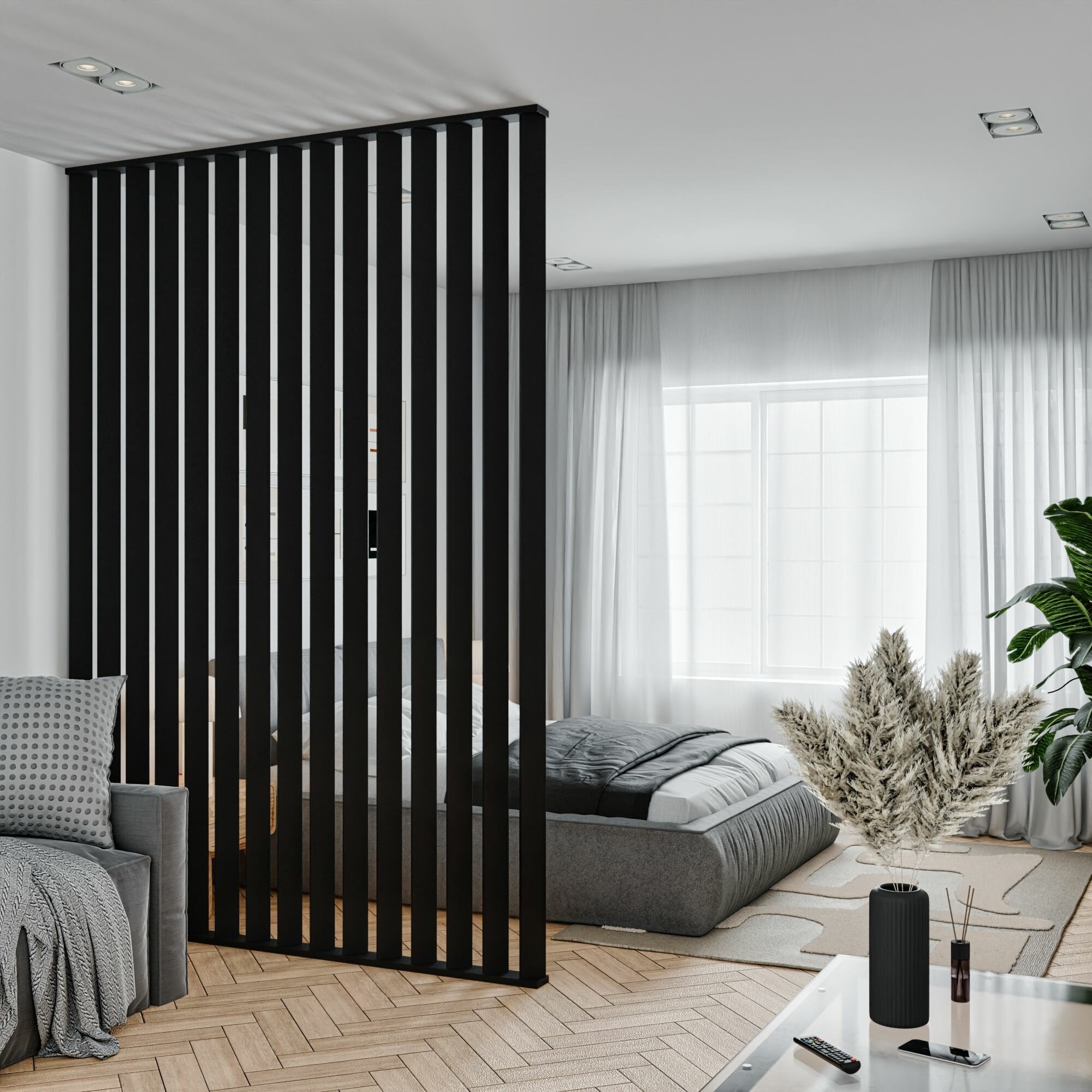 Перегородка для зонирования из реек под 45 градусов шириной 1866 мм, черный, 22х80 мм