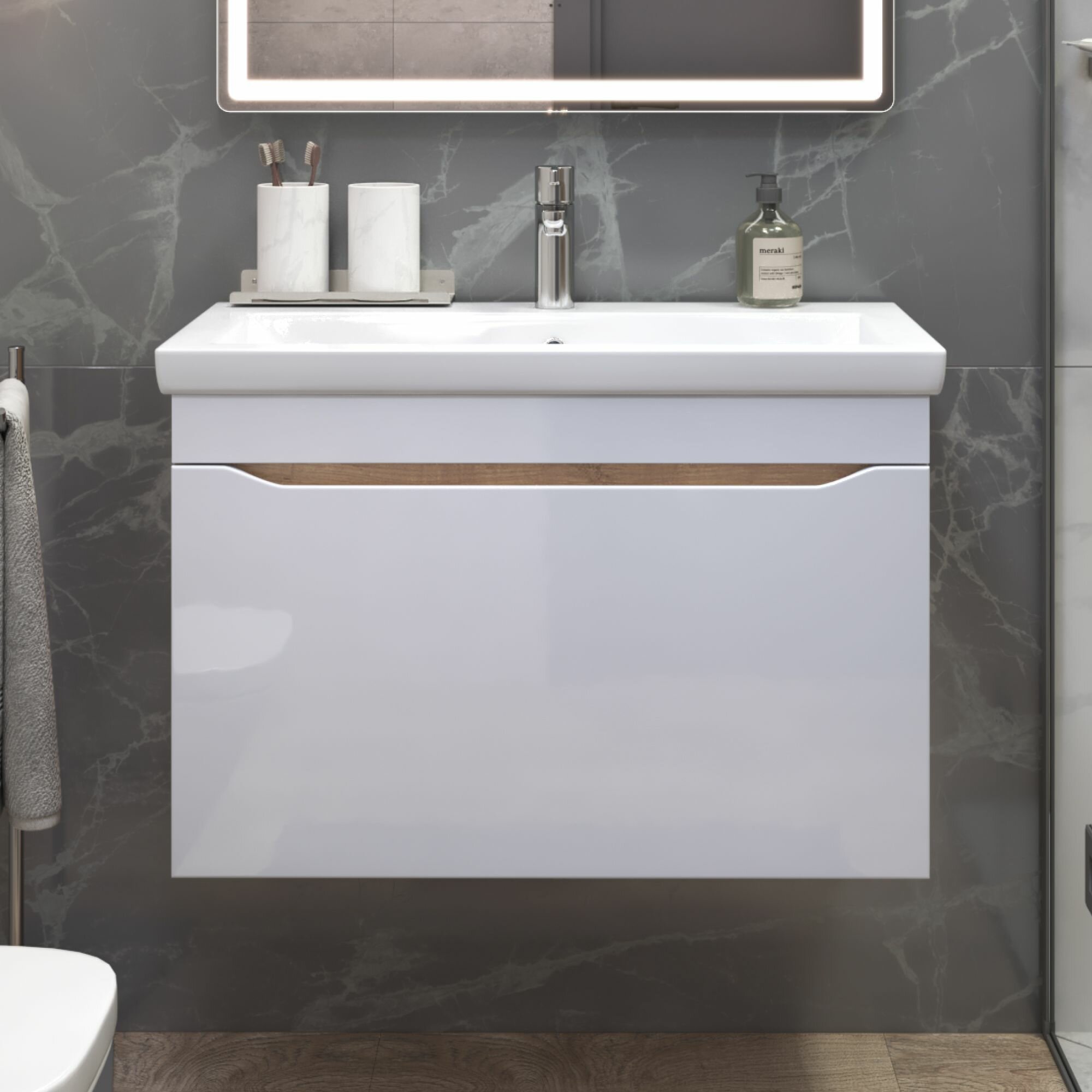 Тумба для ванной комнаты 80 см (без Раковины), подвесная, дуб золотой, подходит к раковине Como 80 см