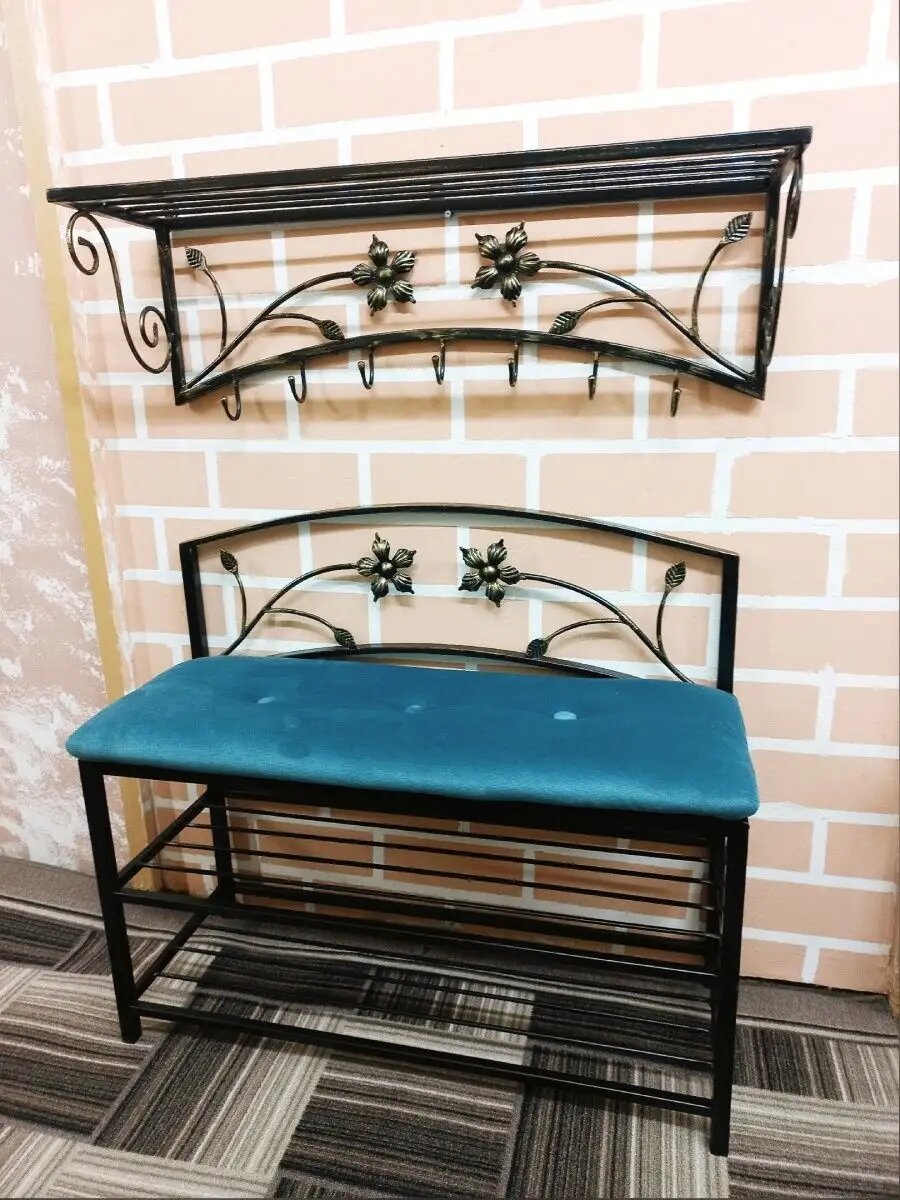 Кованая прихожая, вешалка + банкетка, Студия кованой мебели Нива, цвет синий