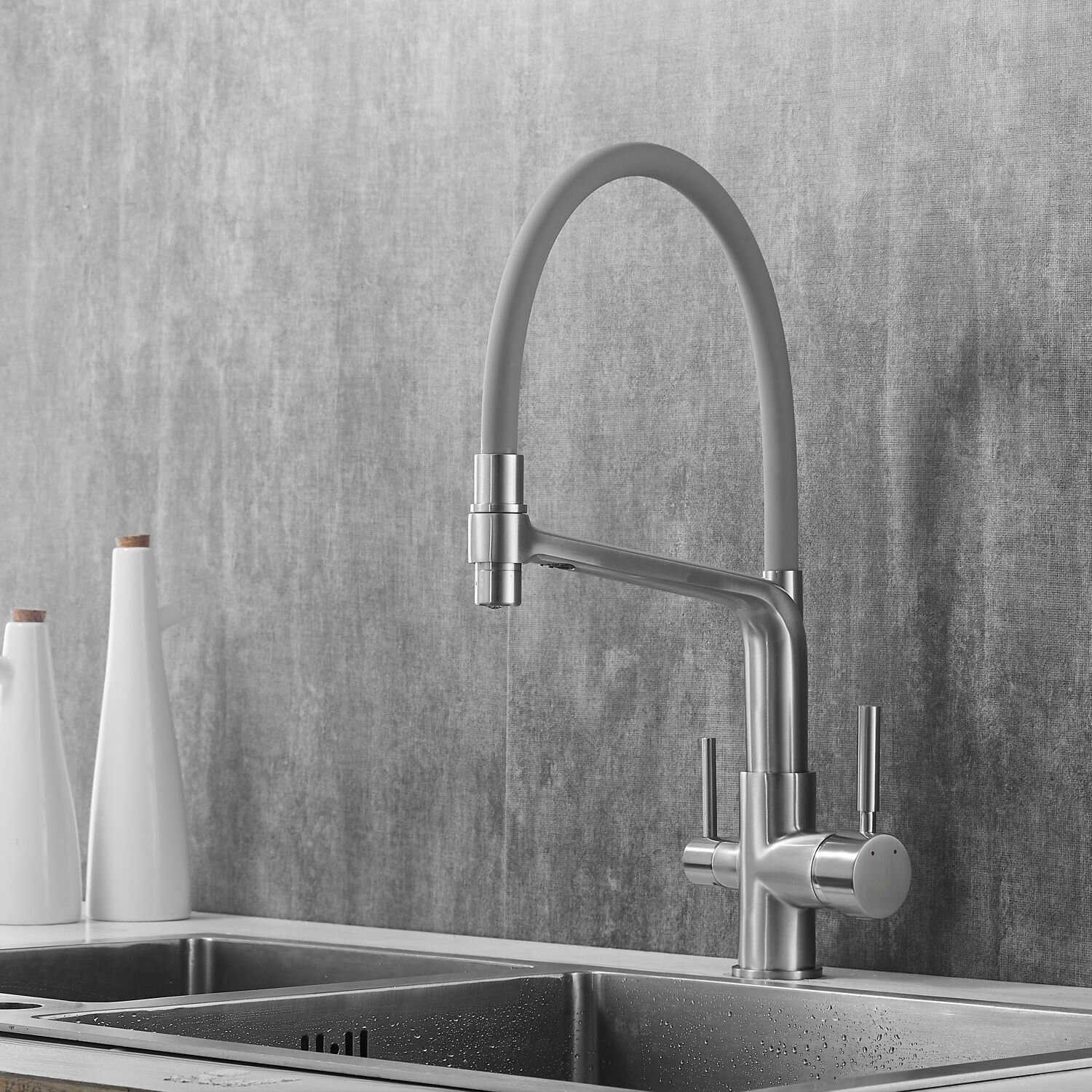 Смеситель для кухни Rose с гибким изливом, с возможностью установки фильтра питьевой воды, серебристый/серый