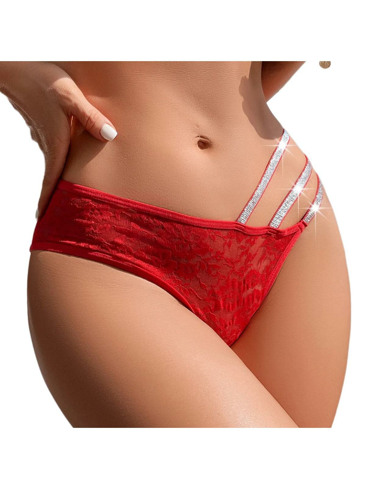 Цветочные кружевные трусики-стринги, красный - M