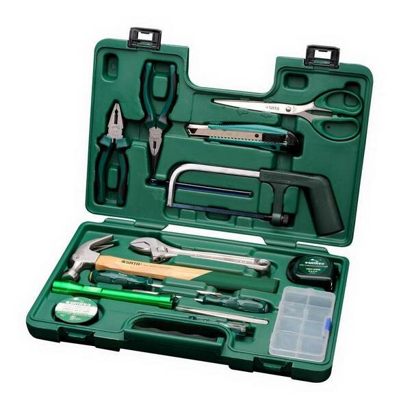 06008 SATA Набор инструментов (15 предметов) слесарный с молотком, фонариком, ножницами, кейс