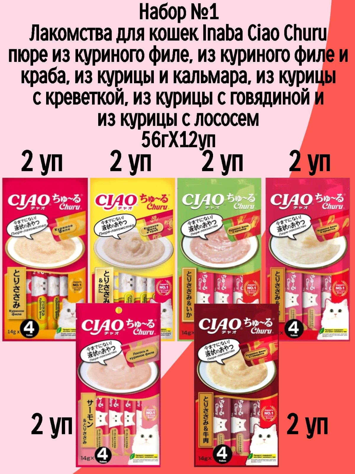 Набор №1 Лакомства для кошек Inaba Ciao Churu пюре из курицы Ассорти вкусов, 12 уп х 56 гр (6 видов по 2 шт)