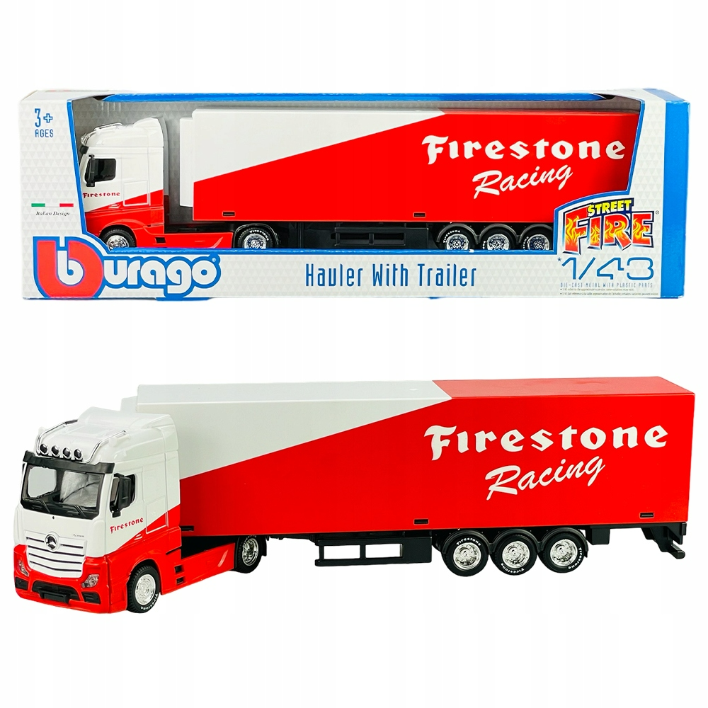 Машинка BBurago Mercedes-Benz Actros Gigaspace с трейлер Firestone Racing 1/43 18-31480