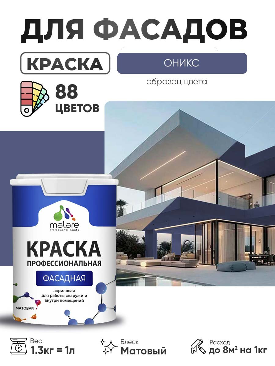 Краска Malare Professional фасадная по дереву, бетону и штукатурке, для камня и кирпича, без запаха, матовая, оникс, (1л - 1.3кг)