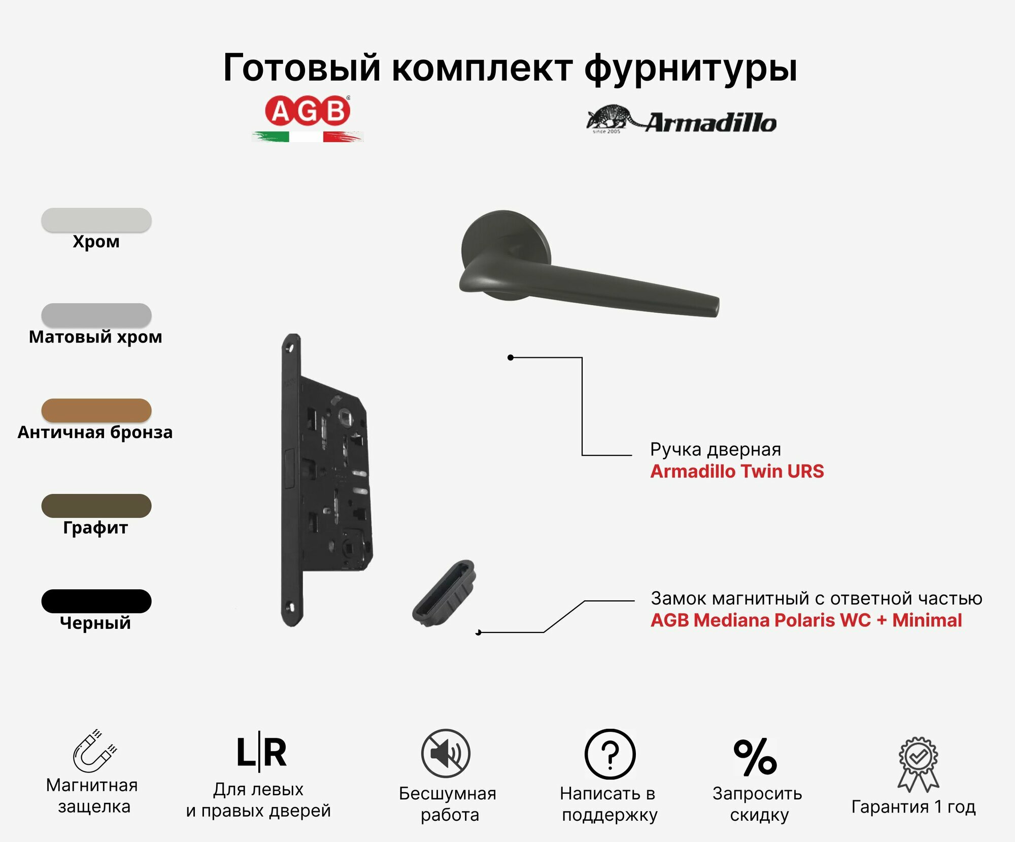 Комплект Ручка дверная Armadillo TWIN URS BL-26 + Замок магнитный бесшумный AGB Mediana POLARIS (с отв. планкой), Черный
