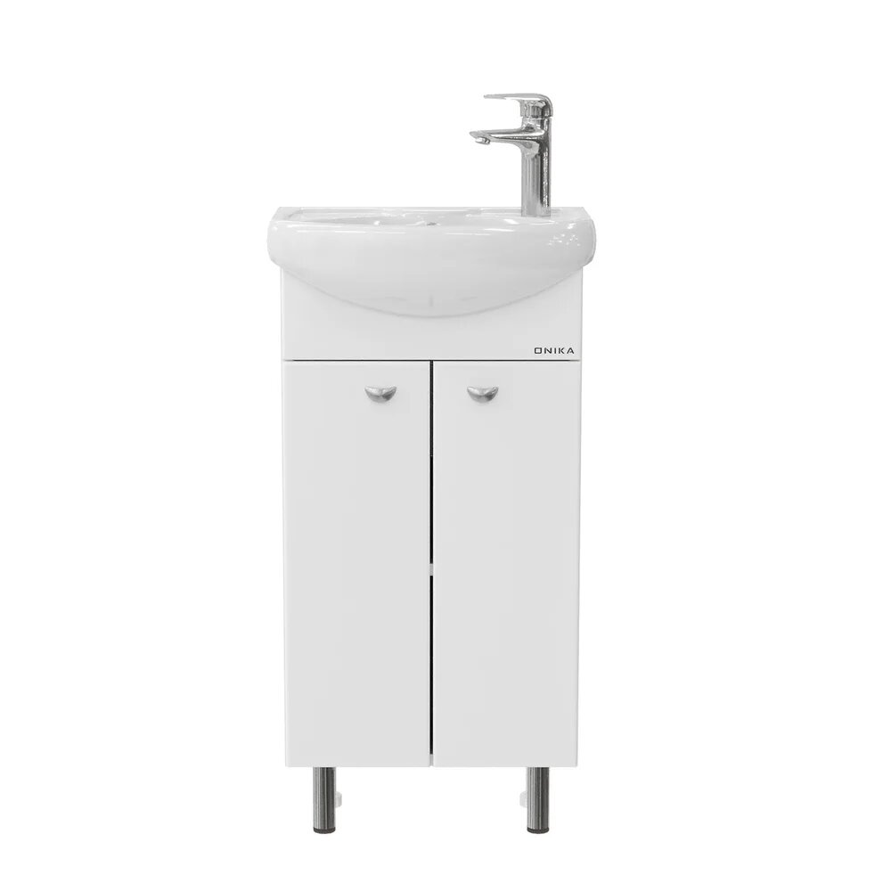 Тумба с раковиной Onika Азов 40.10 напольная, 41 см, белая, глянцевая, из МДФ, с дверками, раковина для ванной фарфоровая, полукруглая