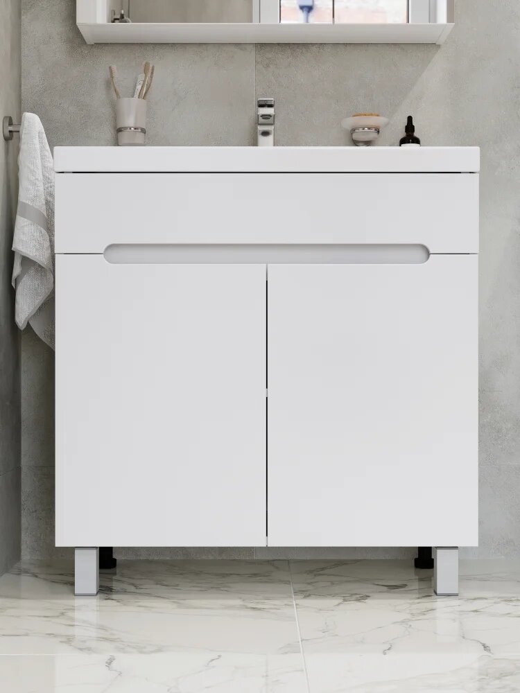 Тумба под раковину без столешницы DIWO Коломна 80 напольная, белая, глянцевая, из МДФ, тумба для ванной, с дверками