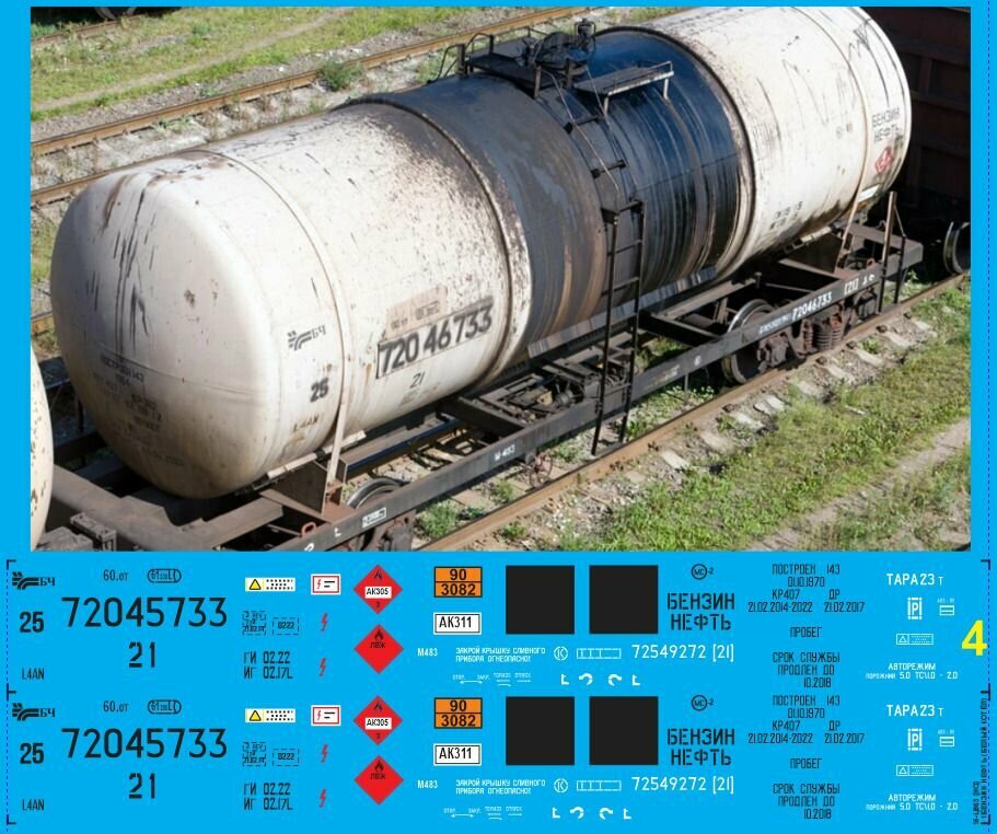 2Д-Декаль цистерна 15-Ц863 HO -Блок№4: Бензин Нефть Белый Котёл HO М 1/87