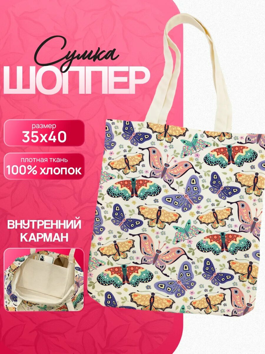 Сумка шоппер Паттерн_Бабочки_1_35х40_шопперДВУНИТКА_БТ