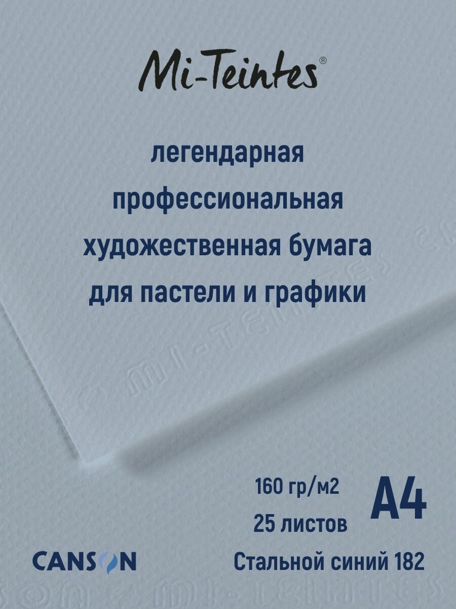 CANSON Mi-Teintes бумага для пастели 160 г/м2, 25 листов A4 21 х 29.7 см, №182 Стальной синий C31032S041