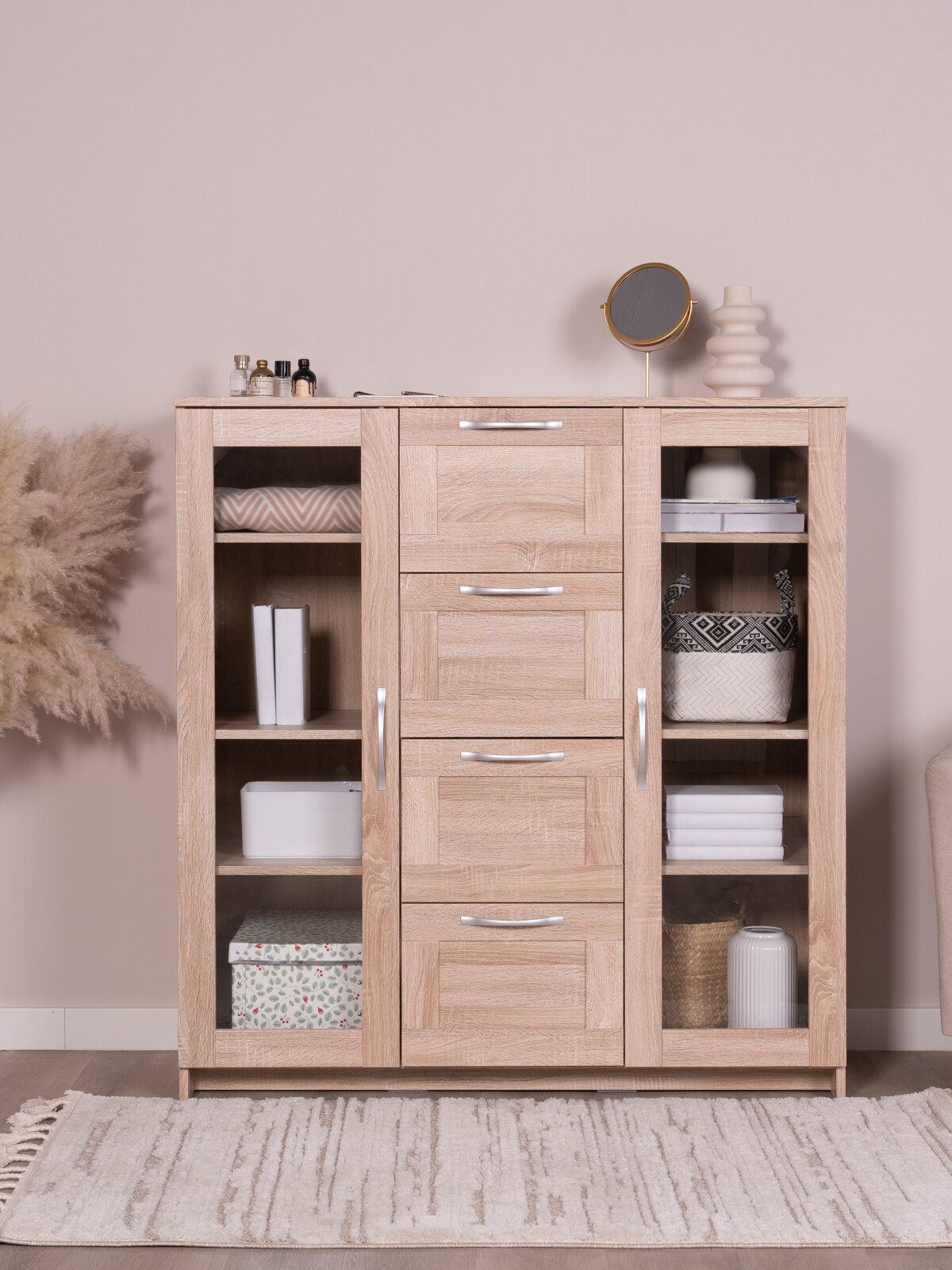 Тумба ГУД лакк Сириус, 2 двери со стеклом и 4 ящика, 117х41х123 см, дуб сонома