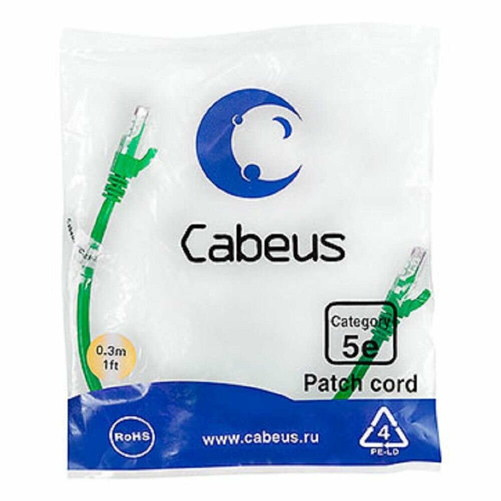 Cabeus Патч - корд U UTP, категория 5е, 2xRJ45 8p8c, неэкранированный, зеленый, PVC, 0.3м
