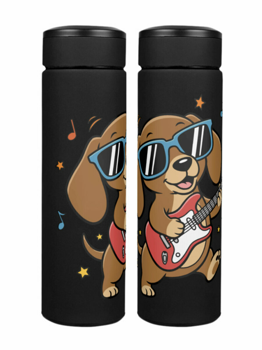 Термос «Собака такса с гитарой. Щенок и ноты» (черный)
