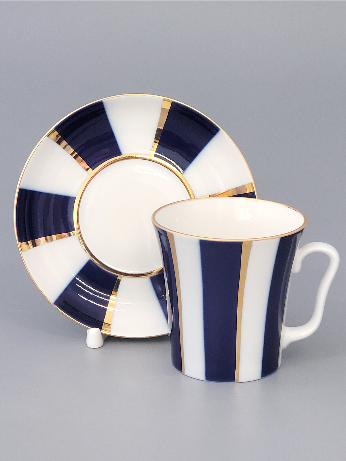 Бокал с блюдцем "Кобальтовые полосы" форма Ленинградский, 360 мл, Императорский фарфоровый завод