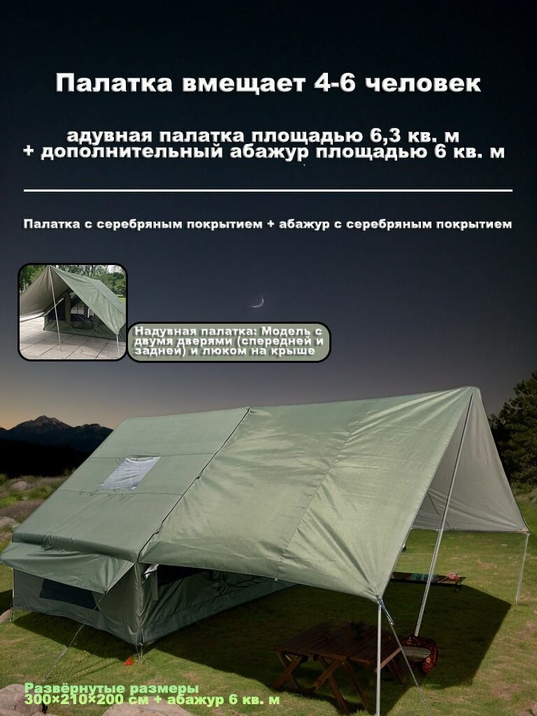 Надувная палатка (6,3 кв. м) + доп. абажур (6 кв. м), обе с серебристым покрытием. Модель с двумя дверями, размеры палатки: 300 210 200 см.