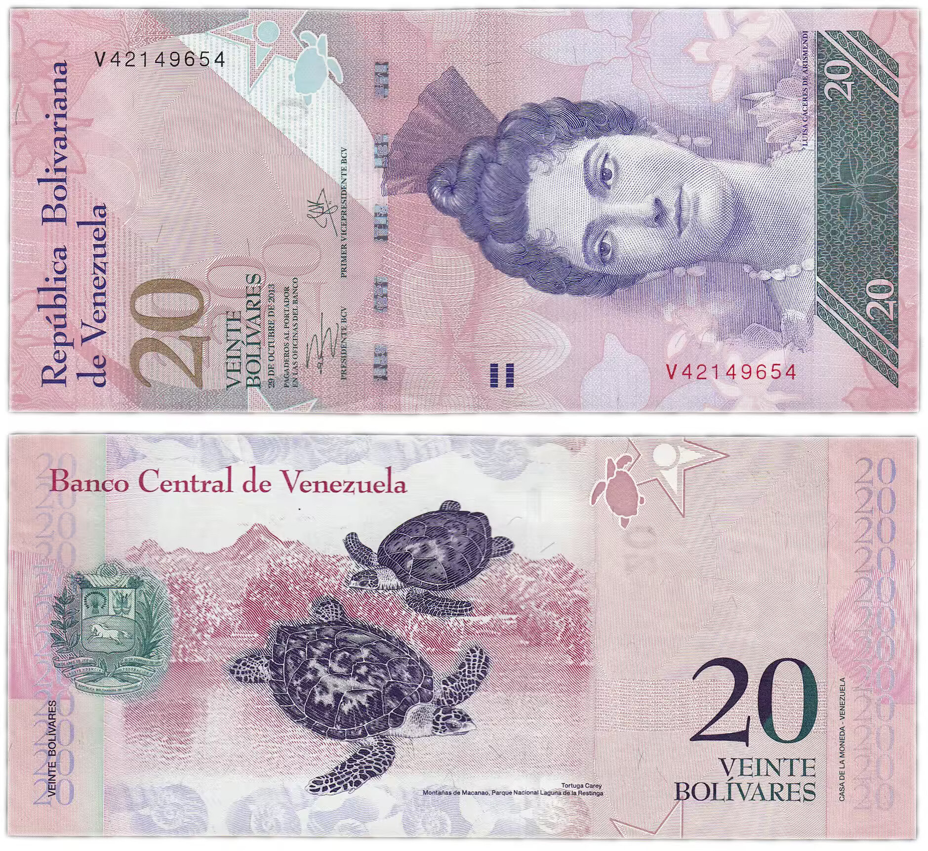 Венесуэла 20 боливаров 2013/2014 года UNC, Луиза Арисменди, (Pick 91) коллекционные банкноты, боны стран мира