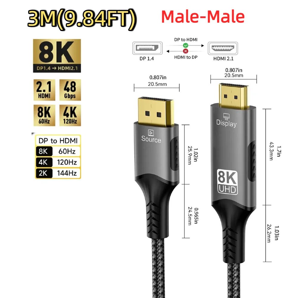 8K при 60 Гц преобразователь DP1.4 в HDMI 2.1 4K при 120 Гц сверхскоростной совместимый кабель 48 Гбит/с для настольного ноутбука, ПК, ТВ-монитора, проектора