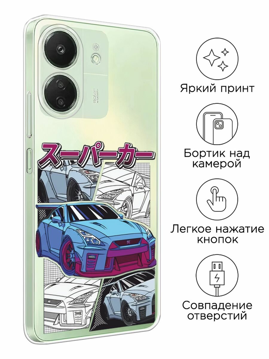Чехол на Xiaomi Redmi 13C/Poco C65 / Сяоми Редми 13C/Поко С65 с принтом "JDM коллаж", прозрачный — фото 1