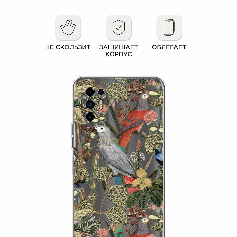 Чехол на Tecno Pova 2 / Текно Пова 2 с принтом "Tropical pattern", прозрачный — фото 1