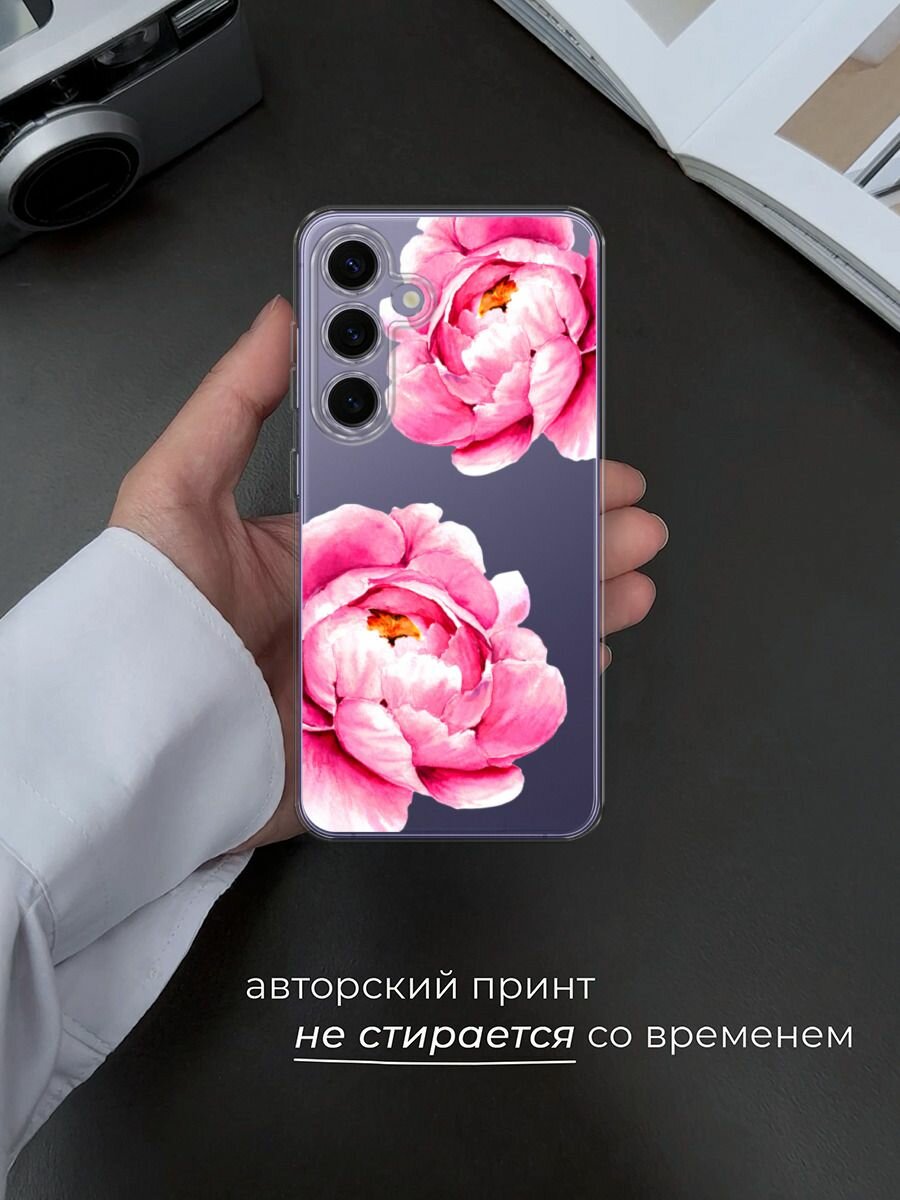 Чехол на Samsung Galaxy S24 Plus / Самсунг S24 Plus с принтом "Open peonies", прозрачный — фото 1