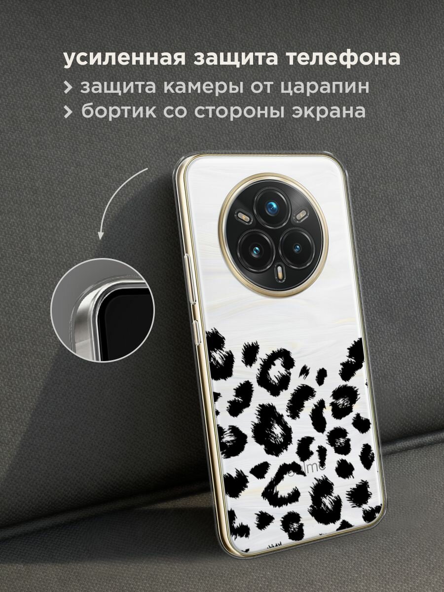 Чехол на Realme 14 Pro+ / Реалми 14 Про+ с принтом "Окрас леопарда фон черный", прозрачный — фото 1