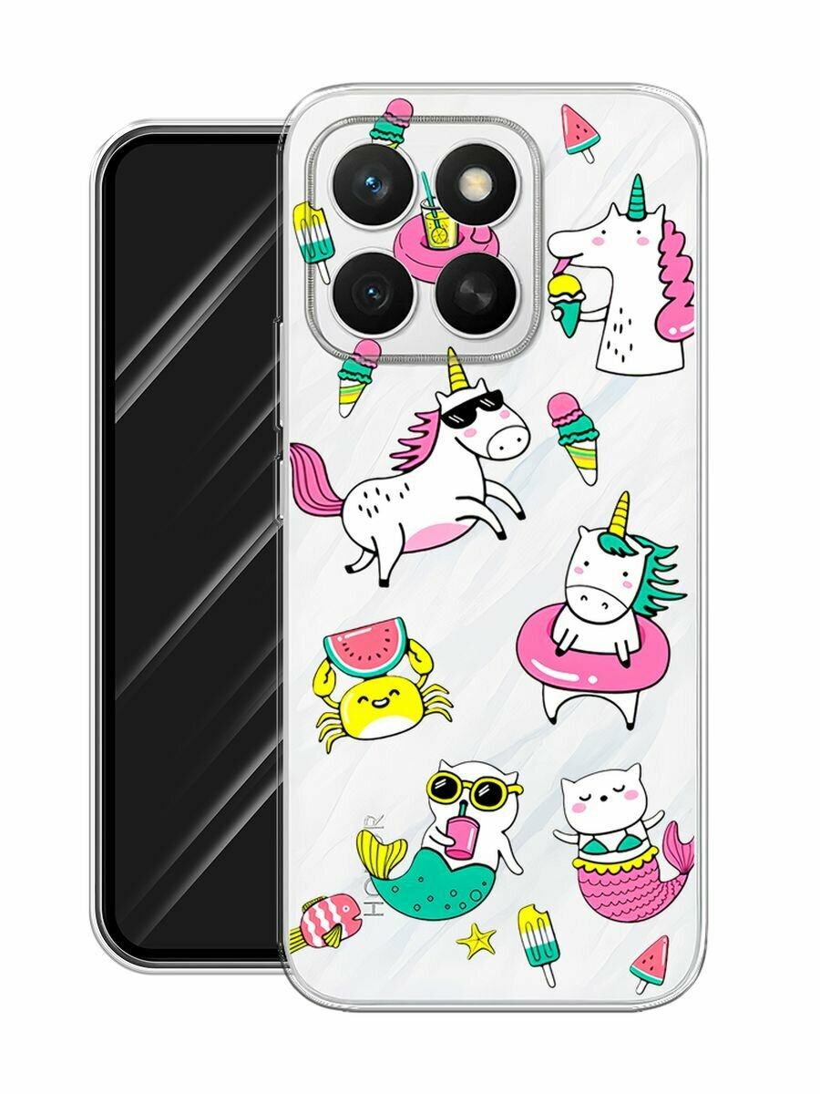 Чехол на Honor X8c / Хонор X8c с принтом "Единороги в отпуске", прозрачный — фото 1