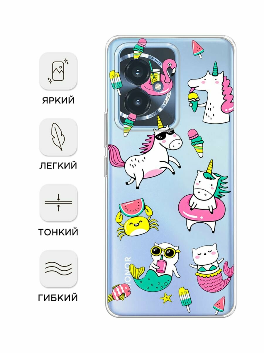 Чехол на Honor 100 / Хонор 100 с принтом "Единороги в отпуске", прозрачный — фото 1