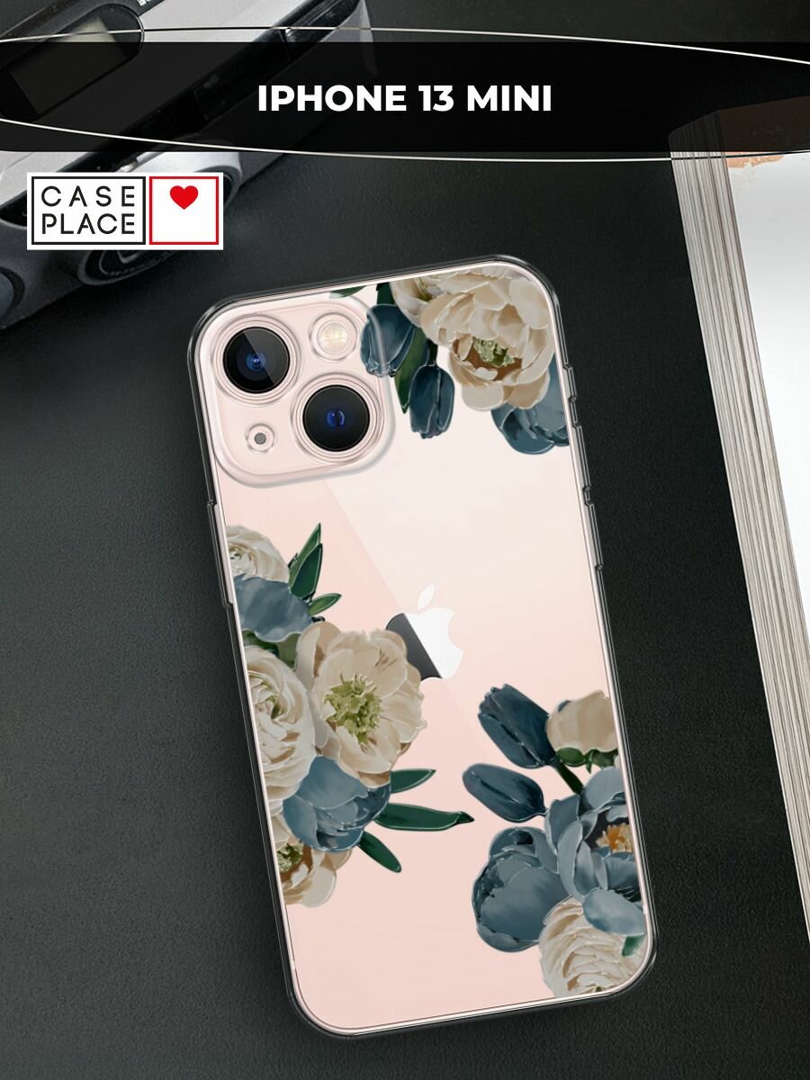 Чехол на Apple iPhone 13 mini / Айфон 13 мини с принтом "Бежевые и голубые бутоны"