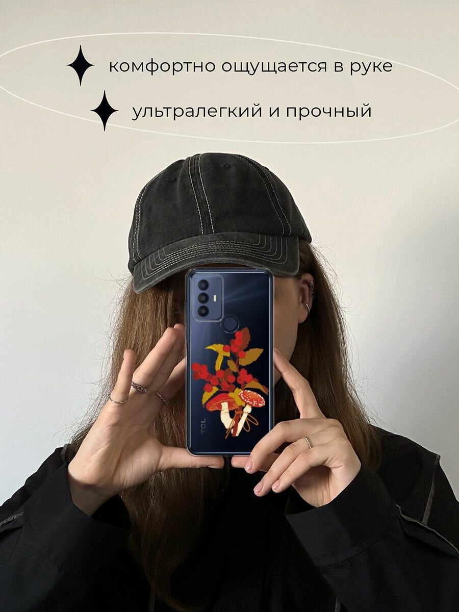 Чехол на TCL 30E/30 SE/305/306 / ТСЛ 30E с принтом "Рябина с грибами", прозрачный — фото 1