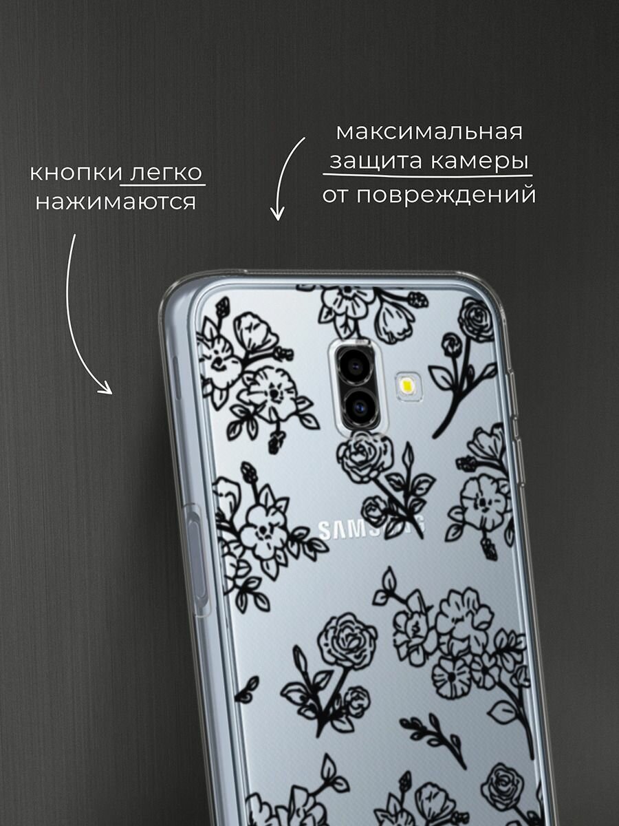 Чехол на Samsung Galaxy J6 + / Самсунг Галакси J6 Плюс 2018 с принтом "Черные розы паттерн", прозрачный — фото 1