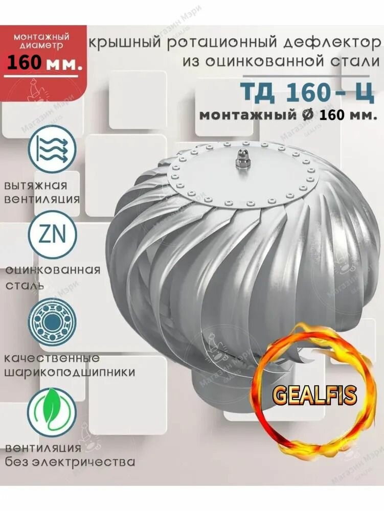 GEALFIS Дефлектор для вентиляции 160мм, турбо-дефлектор из нержавеющей стали, на трубу 160мм