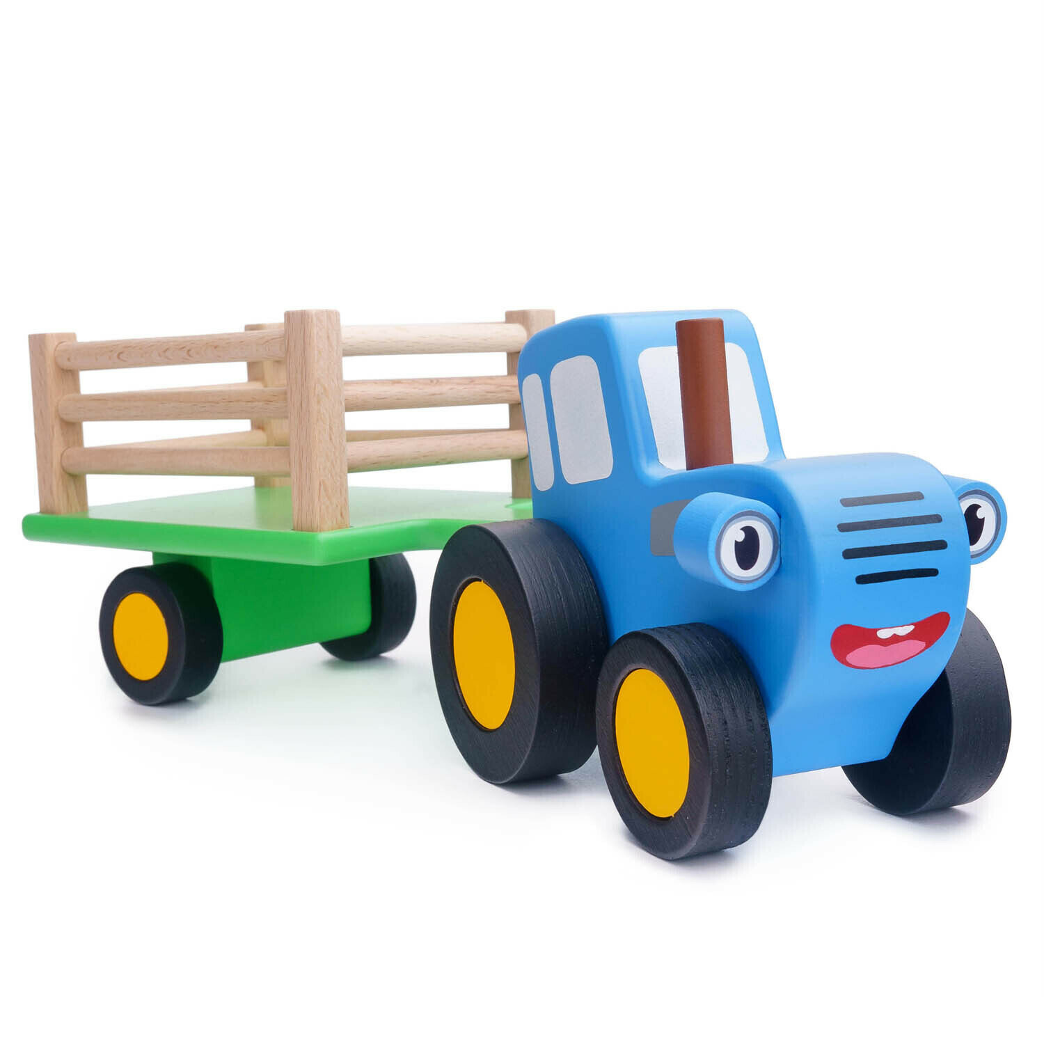 Деревянная игрушка Bochart машинка Синий Трактор Гоша 11 см с прицепом Едет трактор BT101