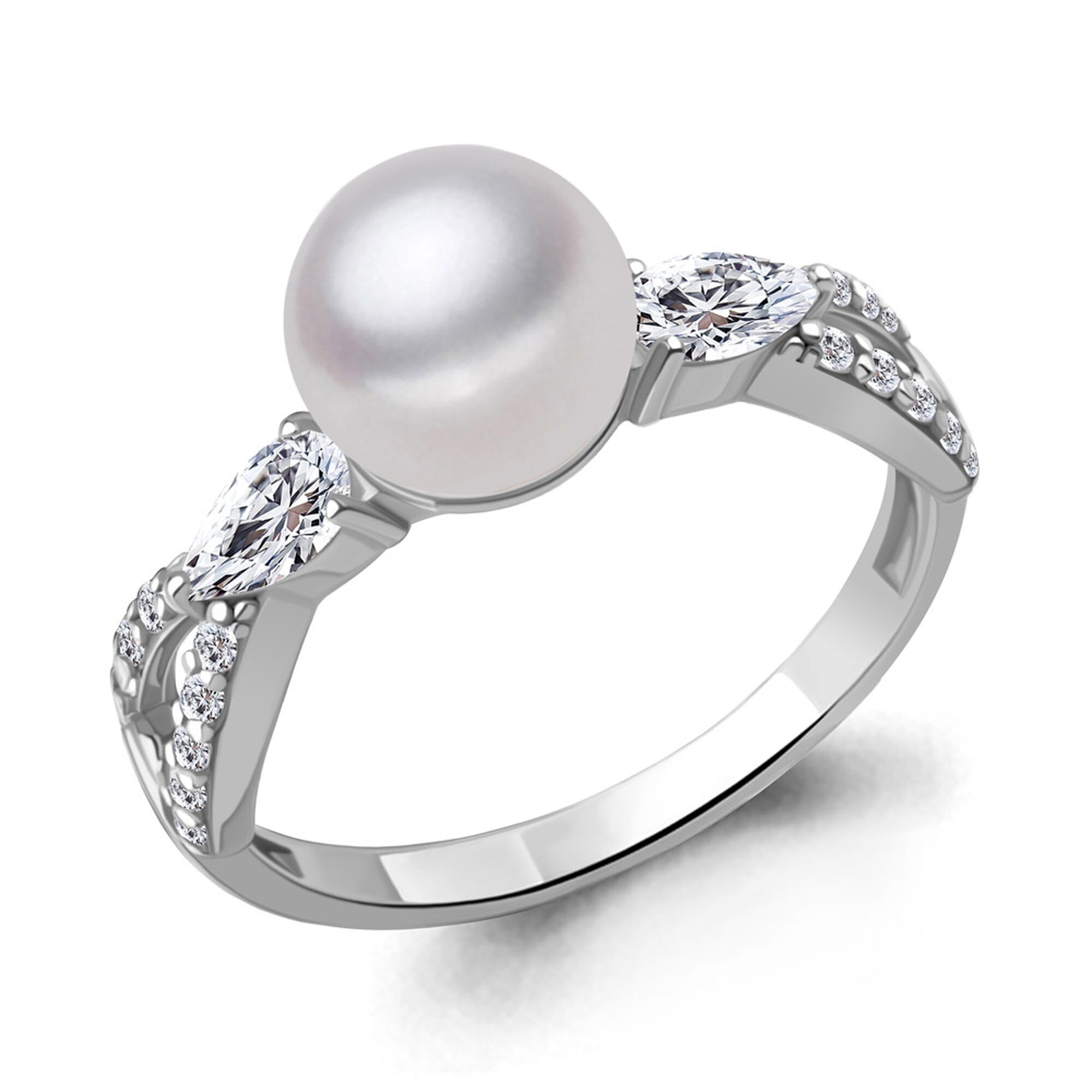 Кольцо, серебро, 925 проба, родирование, фианит, жемчуг