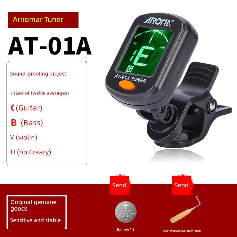 Тюнер для гитары "аромат/анома" AT-01A с ключом и наклейкой, с батарейкой