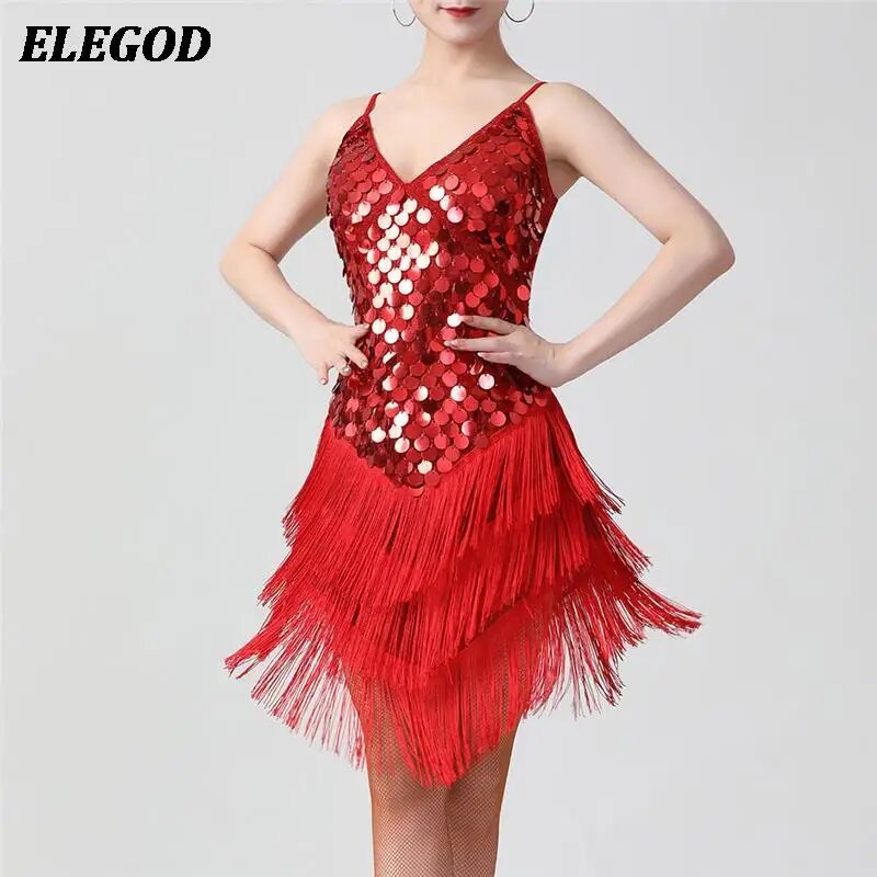 Танцевальное платье с блестками для латины Красный, Red