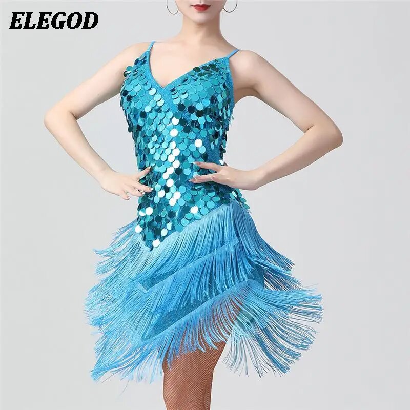 Танцевальное платье с блестками для латины Синий, lake blue