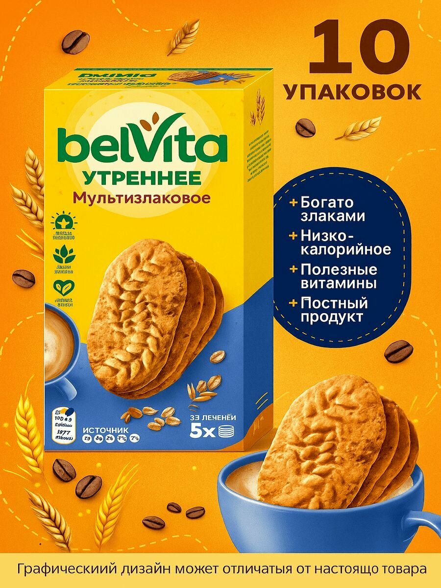 Печенье BELVITA Утреннее Мультизлаковое, 225г x 10 упаковки