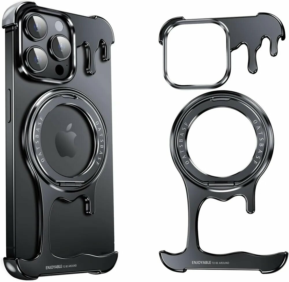 Металлический чехол-бампер без ободка для iPhone 16 Pro Max с вращающейся на 360 магнитной подставкой, минималистичная защита алюминиевого бампера, тонкая рамка бампера + легкая посадка