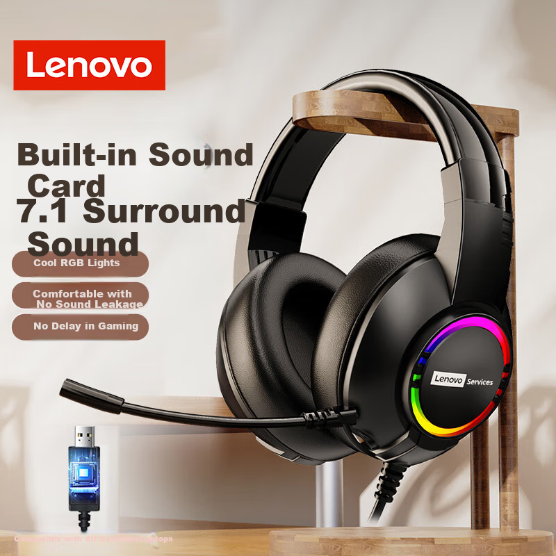 Lenovo Gaming Headset, Professional E-Sports 7.1 Channel Surround Sound with Microphone, USB Wired Headphones