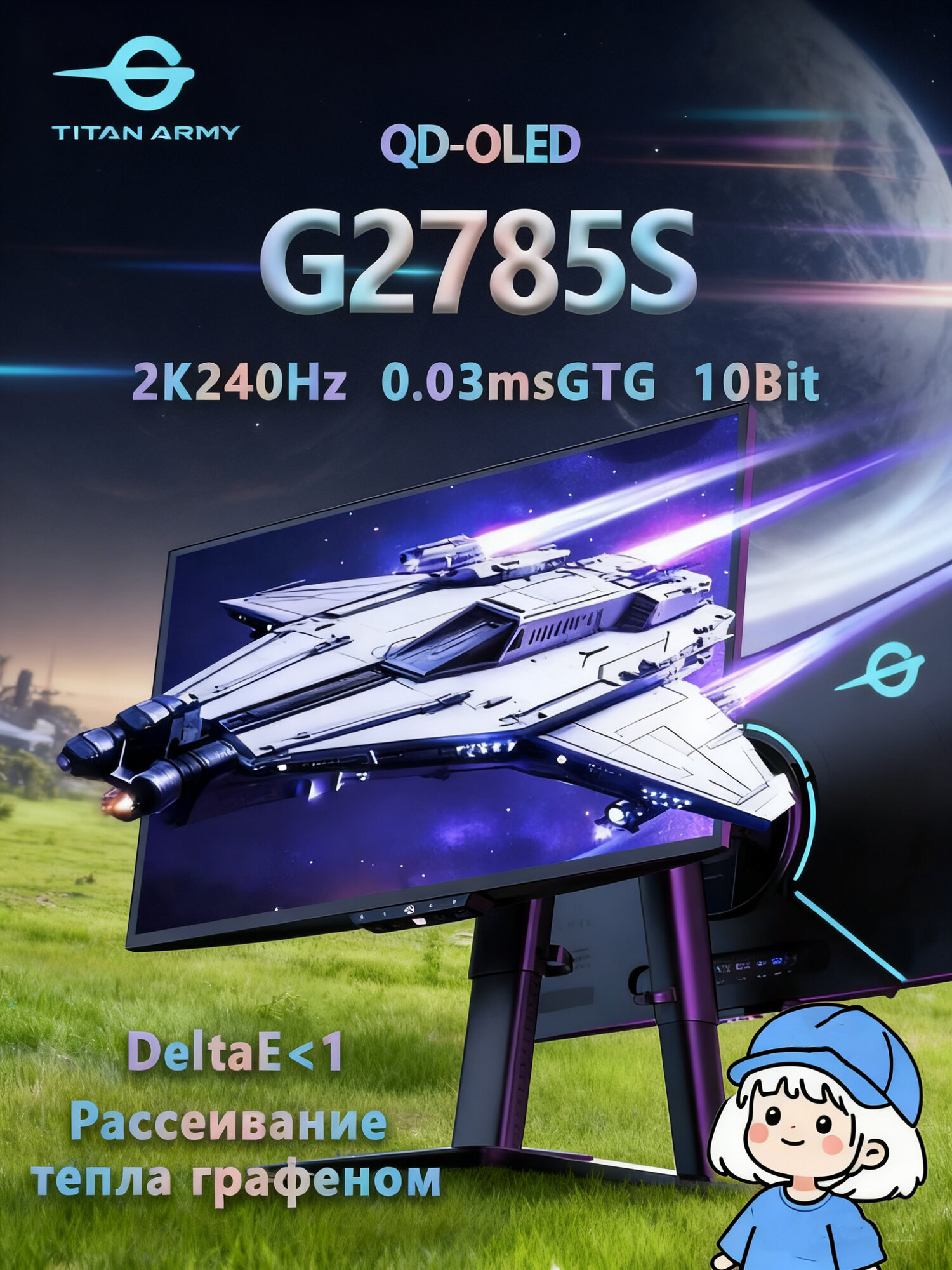 Titan Army G2785S Монитор, 2K 240Hz 0.03ms QD-OLED Двойная цветовая гамма 99% sRGB и 99% DCI-P3, яркость SDR 200 нит, яркость HDR 400 нит