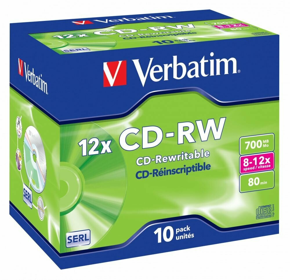 Оптические диски Verbatim для записи CD-RW 700 МБ 12X SERL 10 шт. в коробках