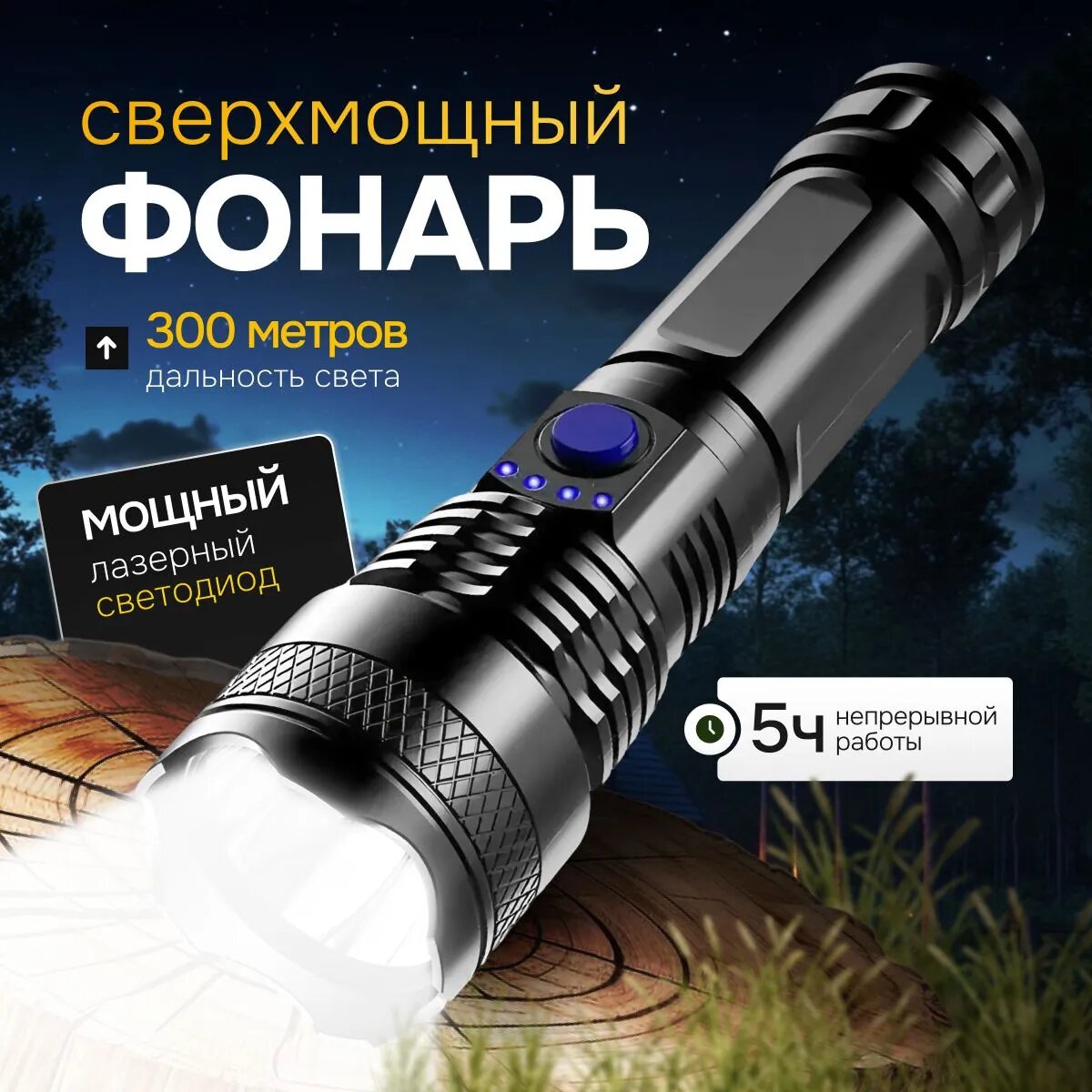 Фонарь, черный, IP64, фокусировка с зумом, аварийный маячок