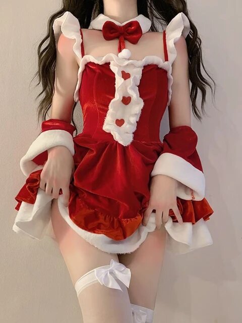 Сексуальный красный комплект нижнего белья с изображением Санта-Клауса на Рождество, симпатичное открытое бикини с бантом, ночное белье, рождественский комплект нижнего белья с бюстгальтером