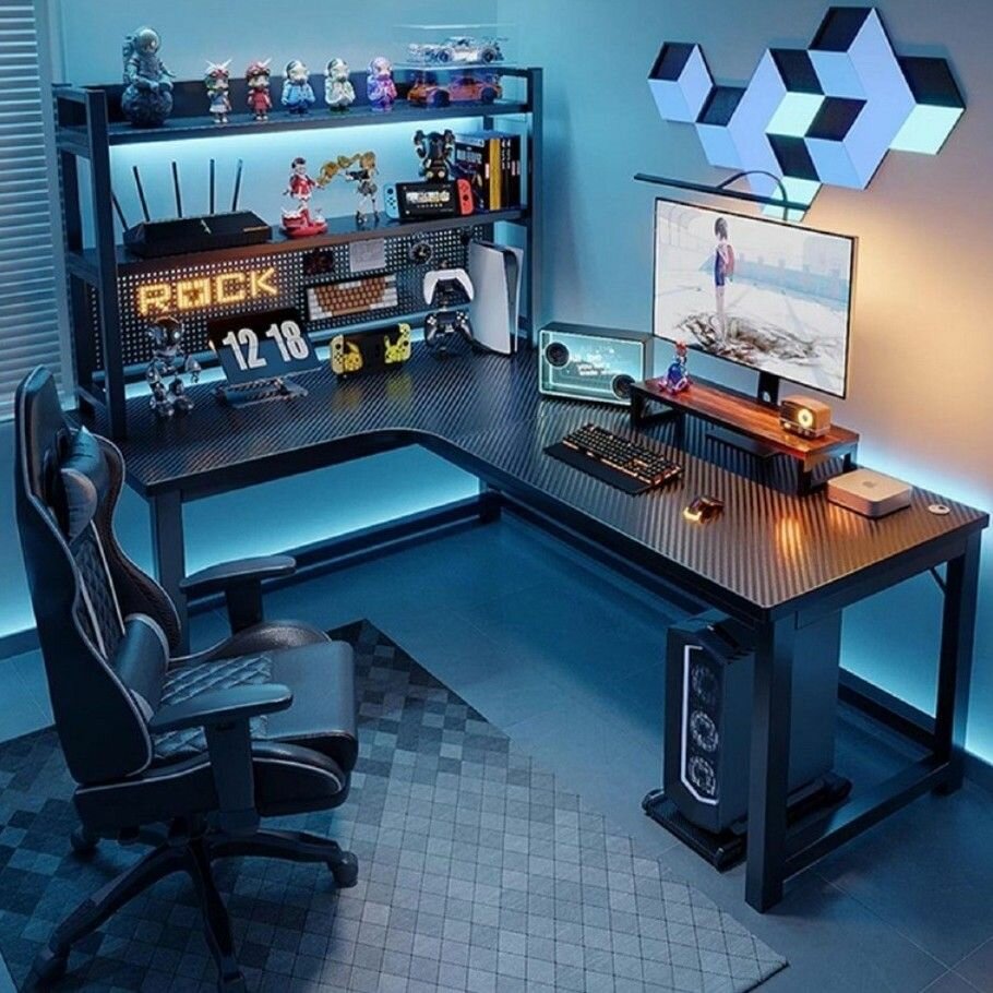 Письменный стол угловой компьютерный L-образный с полкой и перфорированной доской, усиленный, нагрузка 100 кг