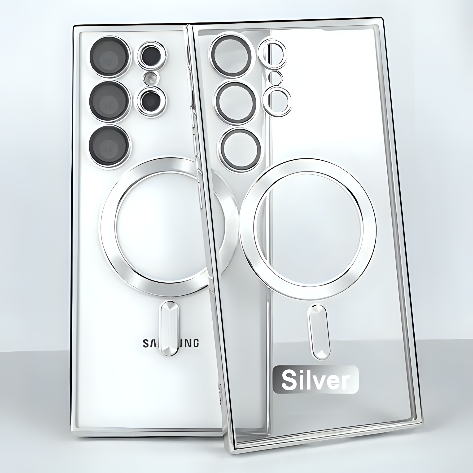 Премиальный чехол для Samsung S25 Ultra противоударный с поддержкой беспроводной зарядки с защитой камер серебристый