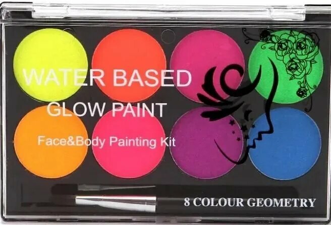 Набор грима, люминесцентный светится в ультрафиолете, 8 цв, кисточка в комплекте, УФ аквагрим