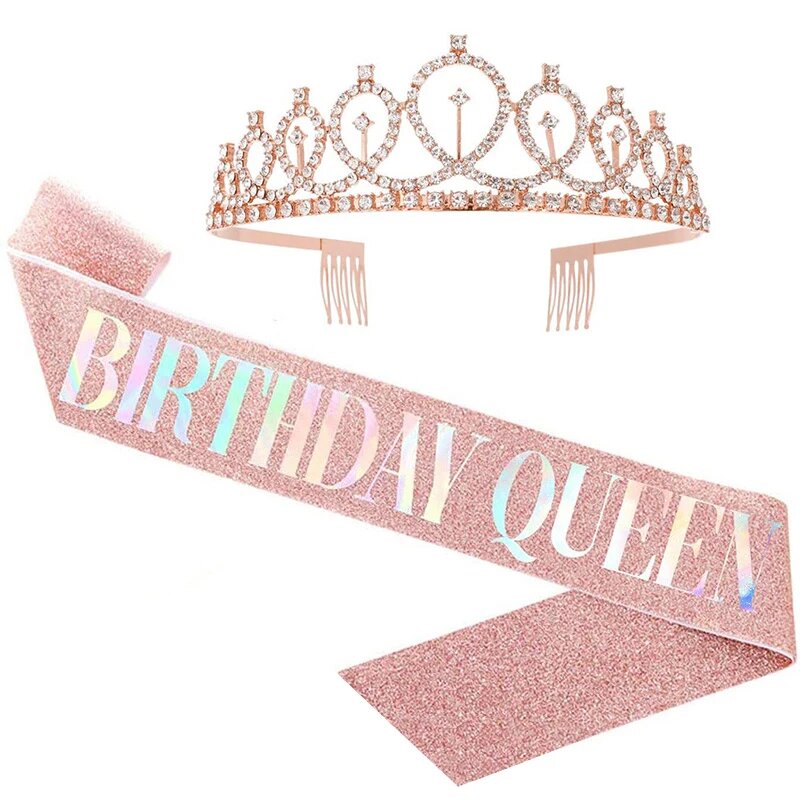 Розовая золотая корона "Birthday Queen" с лентой