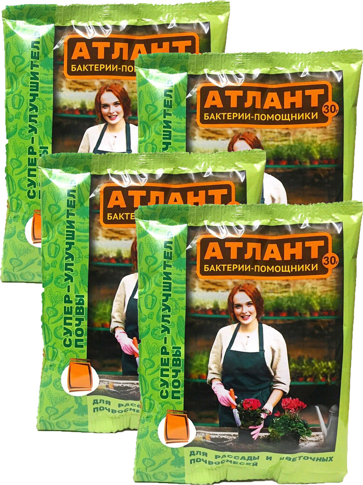 Атлант, микробиологическое удобрение для оздоровления почвы, 30 г х 4 шт