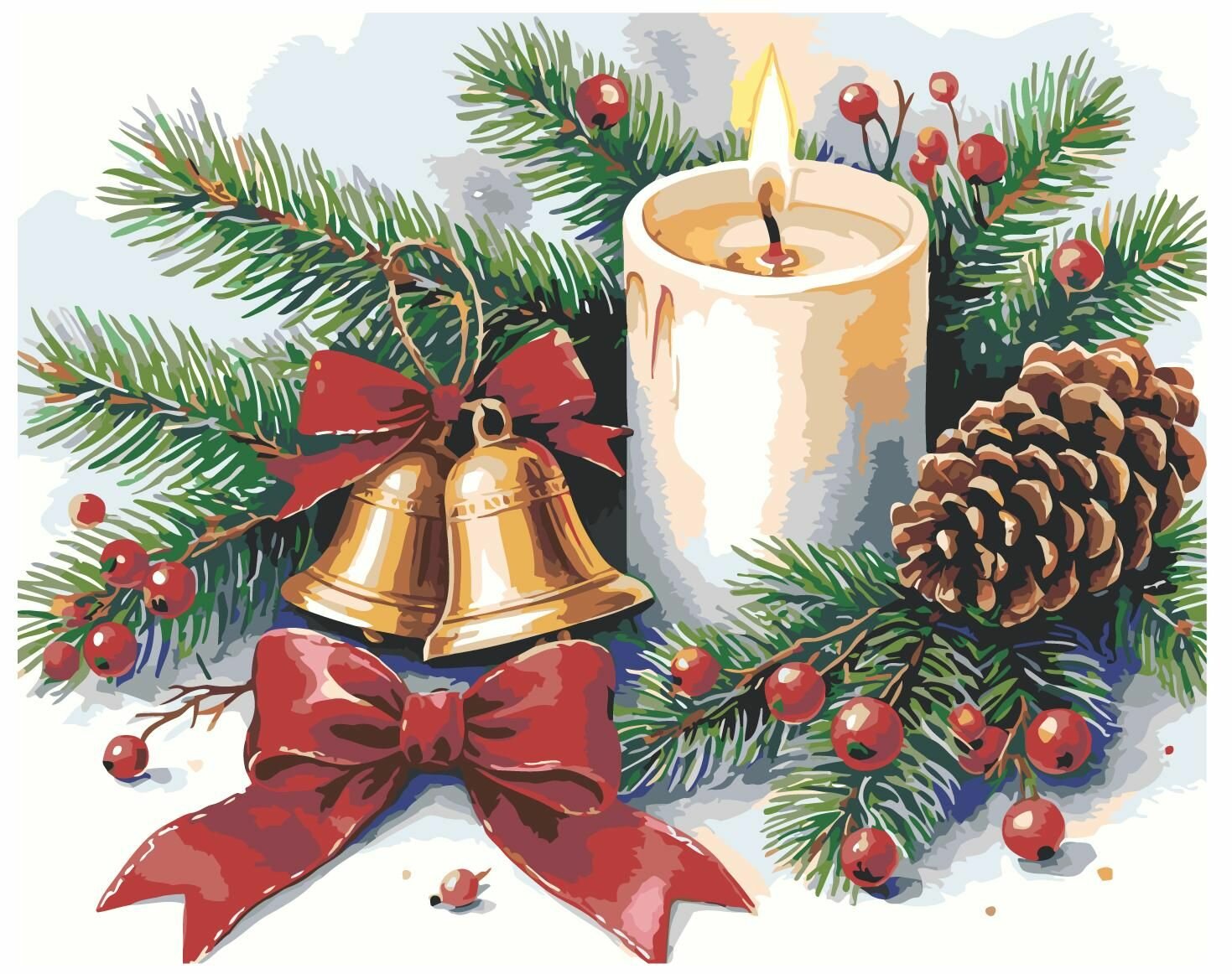 Картина по номерам, 40 x 50, ELLU-008, еловые ветки, колокольчики, свеча